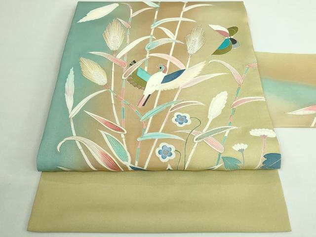 平和屋着物■極上　塩瀬　九寸名古屋帯　刺繍　花鳥文　舞蝶　金彩　逸品　DZAB0685kh5