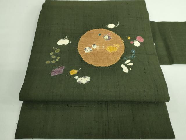 平和屋着物■極上　十日町 名門青柳謹製　九寸名古屋帯　紬地　絞り　干支　相撲　海松色地　逸品　DZAB0691kh5