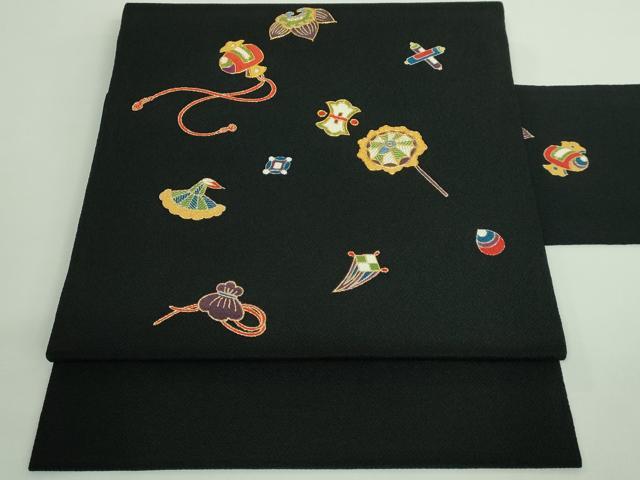 平和屋着物■極上　銀座越後屋　九寸名古屋帯　駒刺繍　宝尽くし　黒地　金糸　鬼しぼ縮緬　逸品　DZAB0746kh5