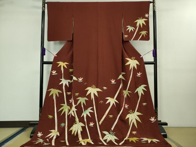 平和屋本店■極上　お引きずり・お引き摺り　訪問着　舞妓　芸妓 芸者 衣装 駒刺繍　笹竹　葡萄色地　金彩　鬼しぼ縮緬　逸品　DZAB0758kh5