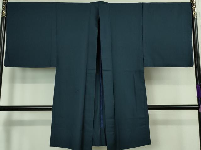 平和屋着物■極上　男性　長羽織　単衣　お召地　色無地　青藍色　逸品　DZAB0832kh5