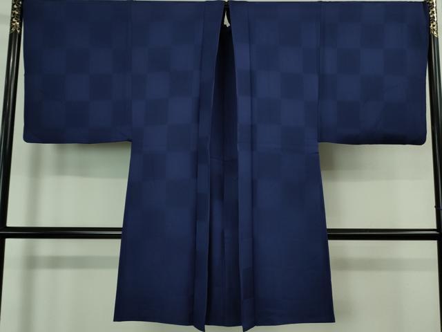 平和屋着物■極上　男性　長羽織　キングサイズ　市松地紋　深縹色　逸品　DZAB0835kh5