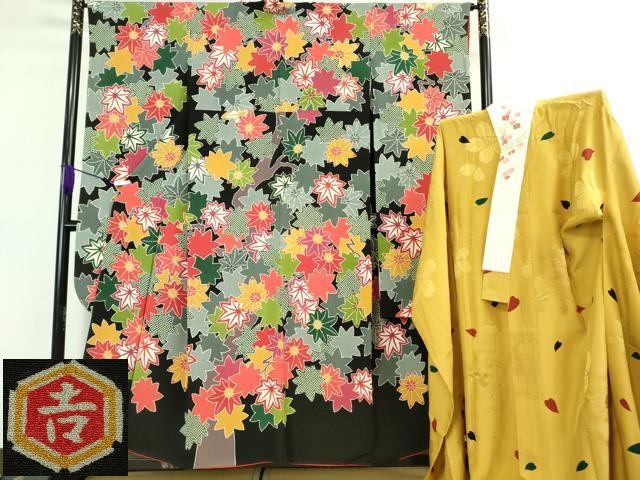 平和屋本店■極上　和染紅型 栗山紅型　栗山吉三郎　振袖・長襦袢(無双仕立て・半衿刺繍)セット　楓　鬼しぼ縮緬　黒地　逸品　DZAB0863kh5