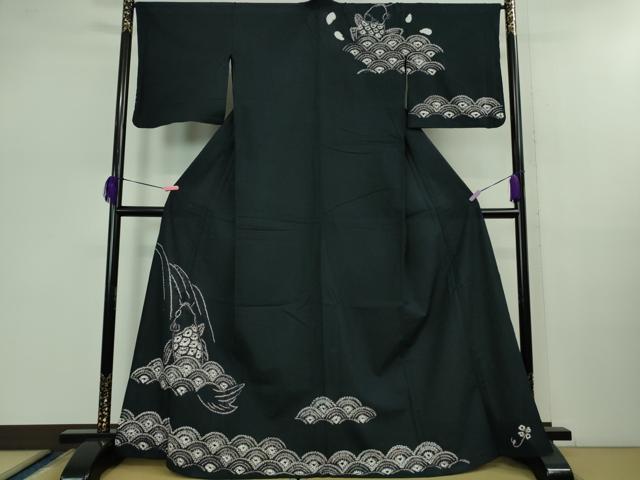 平和屋着物■極上　夏物　浴衣　有松鳴海絞り　鯉の滝登り　黒地　綿　逸品　DZAB0884kh5