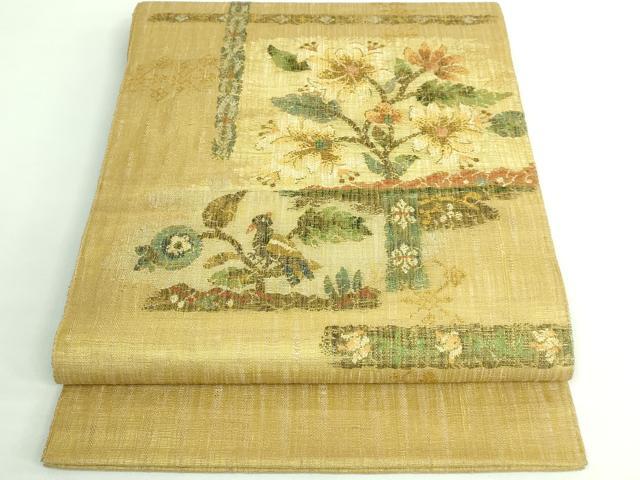 平和屋着物■極上　西陣　老舗　渡文謹製　手織　すくひ　両面　太鼓柄袋帯　スリーシーズン帯　波衣　花鳥文　金糸　逸品　DZAB0946kh5