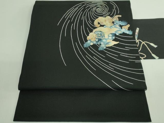 平和屋着物■極上　塩瀬　九寸名古屋帯　総手刺繍　唐獅子　黒地　逸品　DZAB0984kh5