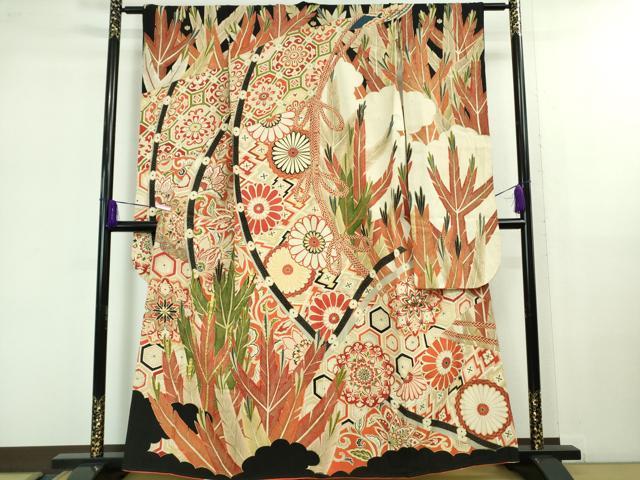 平和屋着物■極上　アンティーク　大正ロマン　振袖　駒刺繍　几帳菊葉文　黒地　金彩　逸品　DZAB1013kh5