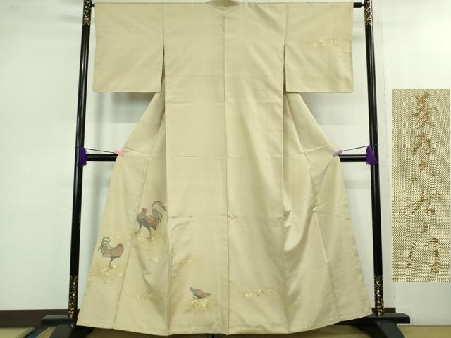 平和屋本店■極上　京の名門・菱屋六右ェ門　紬　訪問着　群鶏図　練色地　金糸　逸品　DZAB1024kh5