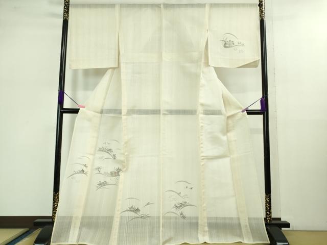 平和屋着物■極上　夏物　民芸手織　生つむぎ　訪問着　手描き　風景文　象牙色地　証紙付き　逸品　DZAB1027kh5