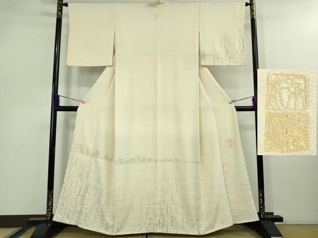 平和屋着物■極上　訪問着　作家物　総刺繍　寿光織　樹林文　鳥の子色地　金糸　逸品　DZAB1032kh5