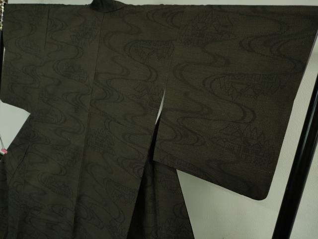 平和屋着物□極上 本場真綿絢結城紬 100亀甲 風景文 檳榔子染色