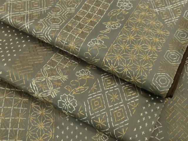 平和屋本店■極上　紬　刺し子　総刺繍　名物裂花間道　煤色地　逸品　DZAB1107kh5
