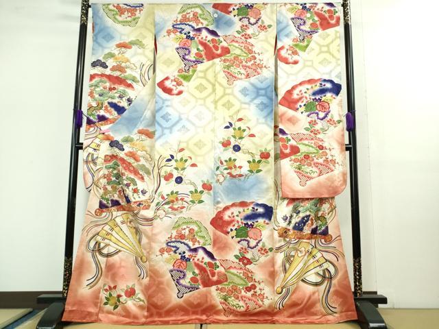 平和屋本店■極上　アンティーク　大正ロマン　振袖　駒刺繍　檜扇花文　暈し染め　逸品　DZAB1114kh5