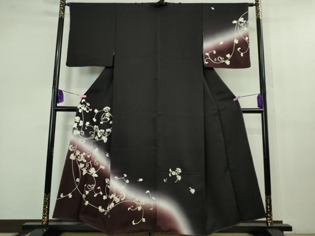 平和屋本店■極上　訪問着　総手刺繍　花唐草文　暈し染め　紫黒色地　銀糸　逸品　未使用　DZAB1124kh5