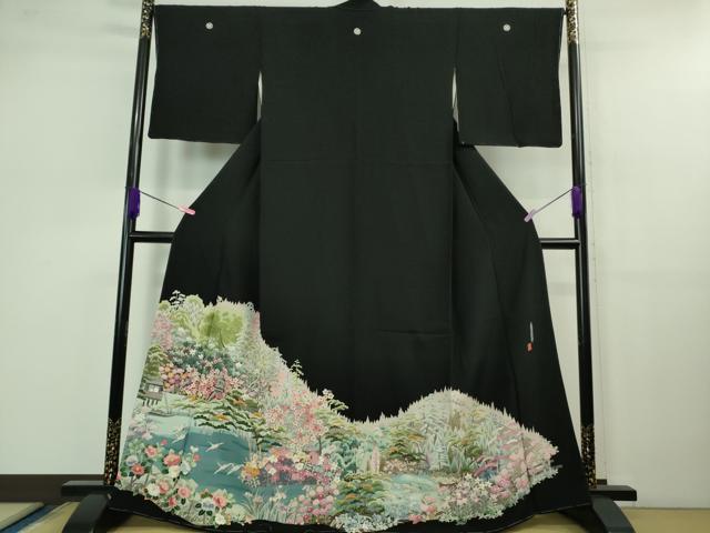 平和屋着物■極上　本加賀友禅作家　土田外男　黒留袖　水辺風景飛鶴花文　暈し染め　逸品　未使用　DZAB1178kh5