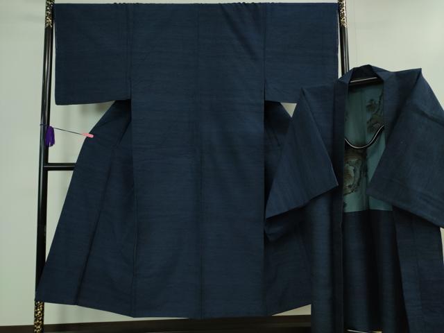 平和屋着物■極上　男性　結城紬　アンサンブル　長羽織　杢　紺青色　逸品　未使用　DZAB1195kh5