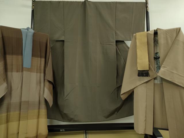 平和屋本店■極上　男性 お召 アンサンブル 長羽織・長襦袢(無双仕立て)・角帯 4点セット　着物：海松茶色　羽織：白茶色　逸品　DZAB1196kh5