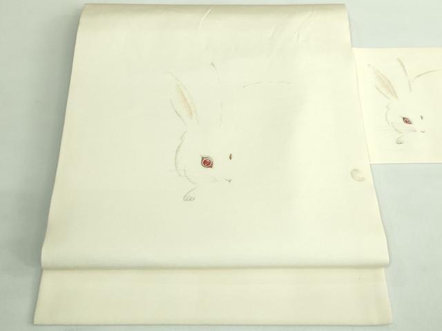 平和屋着物■極上　塩瀬　九寸名古屋帯　作家物　手描き　兎　逸品　DZAB1222kh5