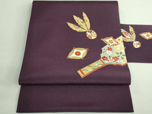平和屋着物■極上　九寸名古屋帯　駒刺繍　羽根突き　似せ紫色地　金彩　鬼しぼ縮緬　逸品　DZAB1229kh5