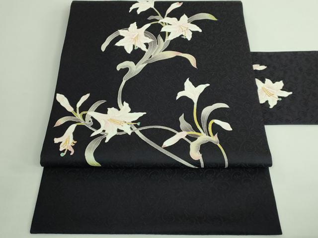 平和屋着物■極上　九寸名古屋帯　友禅　百合　黒紫色地　逸品　DZAB1232kh5