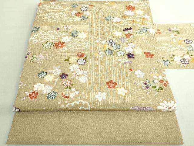 平和屋本店■極上　九寸名古屋帯　駒刺繍　風景花文　枯色地　金彩　鬼しぼ縮緬　たとう紙付き　逸品　DZAB1243kh5