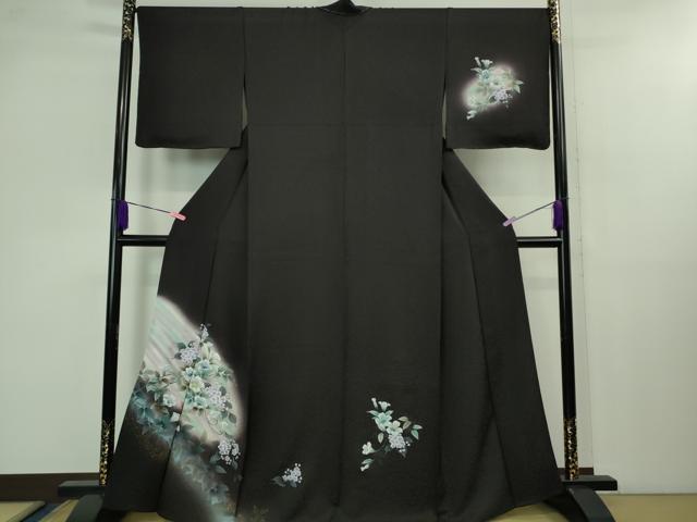 平和屋着物■極上　訪問着　単衣　草花文　暈し染め　紫黒色地　金銀彩　反端付き　逸品　未使用　DZAB1301kh5