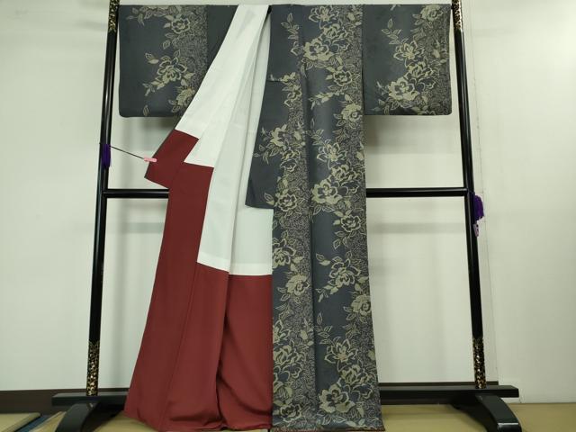 平和屋着物■極上　小紋　薔薇間道　バラ　褐色地　金彩　逸品　DZAB1309kh5 平和屋着物□極上 小紋 薔薇間道 バラ 褐色地 金彩 逸品 DZAB1309kh5