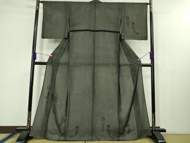 平和屋本店■極上　訪問着　無双　紗袷　紗×絽　手描き　風鈴　金魚　黒地　逸品　DZAB1315kh5