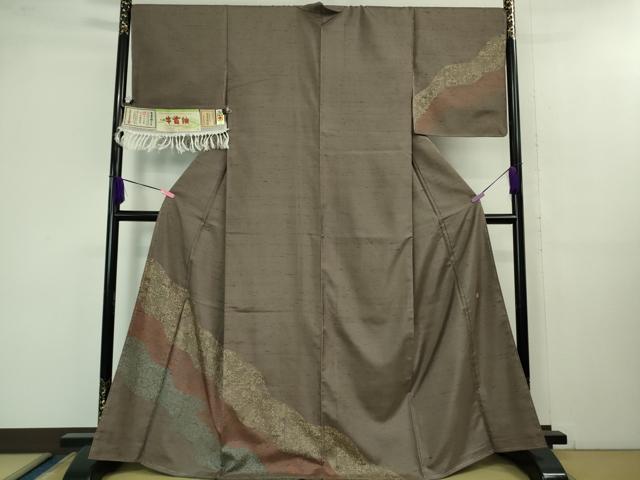 平和屋着物■極上　石川県指定無形文化財 牛首紬 白山工房 手織り　訪問着　道長草花文　江戸鼠色地　証紙付き　逸品　未使用　DZAB1353kh5