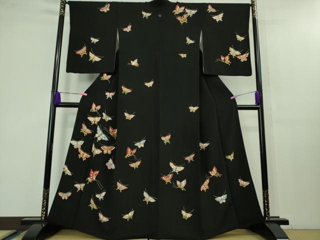 平和屋本店■極上　訪問着　舞蝶文　黒地　金彩　鬼しぼ縮緬　高島屋扱い　逸品　DZAB1362kh5