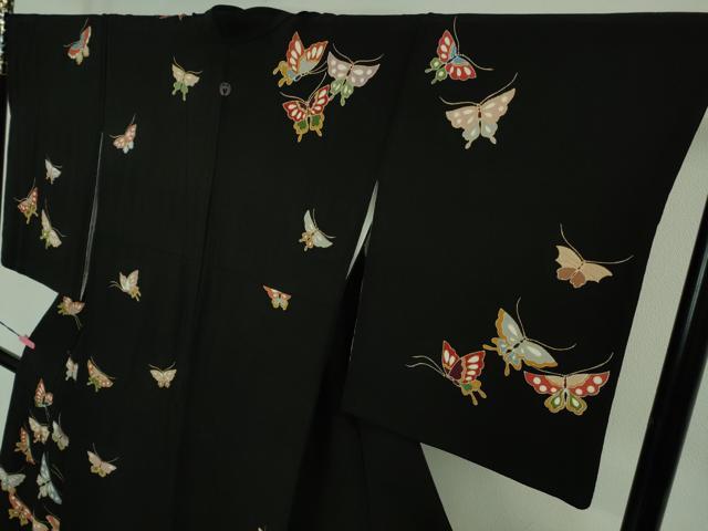平和屋本店□極上 訪問着 舞蝶文 黒地 金彩 鬼しぼ縮緬 高島屋