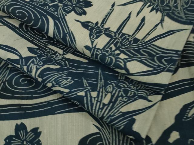 平和屋本店■極上　浦野理一　経節紬　型染　流水杜若桜文　逸品　DZAB1377kh5
