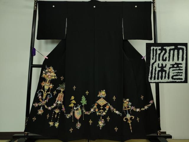 平和屋本店■極上　創業130年　江戸染繍友禅　大彦　黒留袖　刺繍　花鳥文　金銀糸　大丸扱い　逸品　DZAB1399kh5