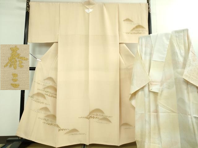 平和屋本店■極上　京都　染の聚楽 泰三　訪問着・長襦袢(無双仕立て)セット　刺繍　霞山花文　薄香色地　金糸　逸品　未使用　DZAB1420kh5
