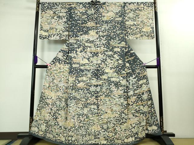 平和屋本店■極上　訪問着　紬地　駒刺繍　宝尽くし　風景草花文　金彩　逸品　未使用　DZAB1439kh5