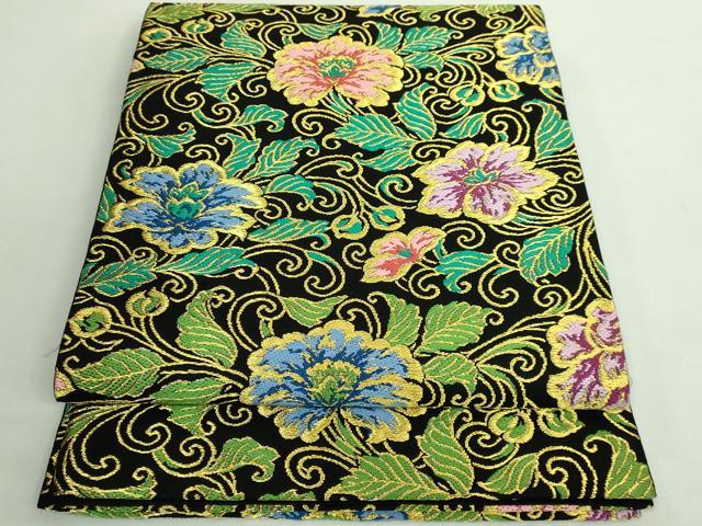 平和屋本店■極上　龍村美術織物　たつむら　六通柄　本袋帯　風雅花葉錦　黒地　金糸　逸品　DZAB1455kh5