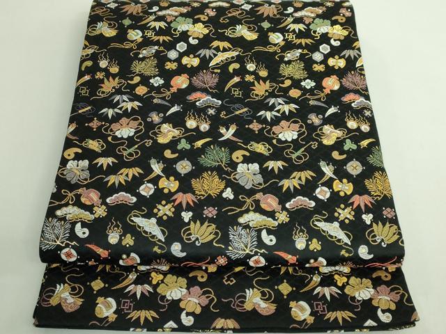 平和屋着物■極上　田中工芸織物 祥園謹製　六通柄袋帯　唐織　宝尽くし　黒地　金糸　逸品　DZAB1490kh5