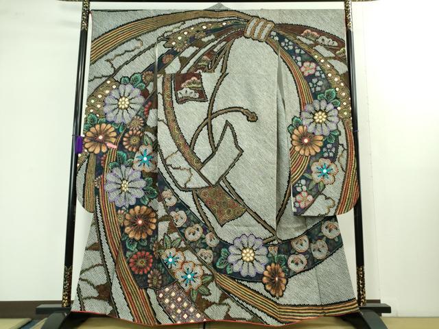 平和屋本店■極上　振袖　絞り　束ね熨斗花文　黒地　金彩　逸品　DZAB1590kh5