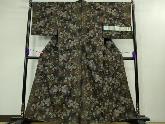 平和屋本店●極上　本場大島紬 十八算 12マルキ 伝統工芸士 永長洋一 古代染色純泥染　草葉文　永長織物謹製　証紙付き　逸品　DZAB1600kh5