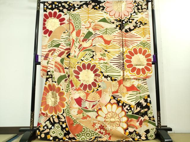 平和屋着物■極上　アンティーク　大正ロマン　振袖　胴抜き仕立て　駒刺繍　束ね熨斗花文　黒地　金銀彩　逸品　DZAB1610kh5