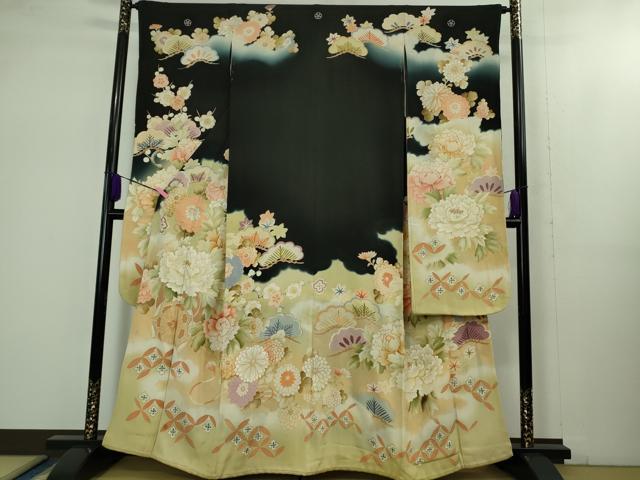 平和屋着物■極上　アンティーク　大正ロマン　振袖　刺繍　花車　黒地　暈し染め　逸品　DZAB1611kh5