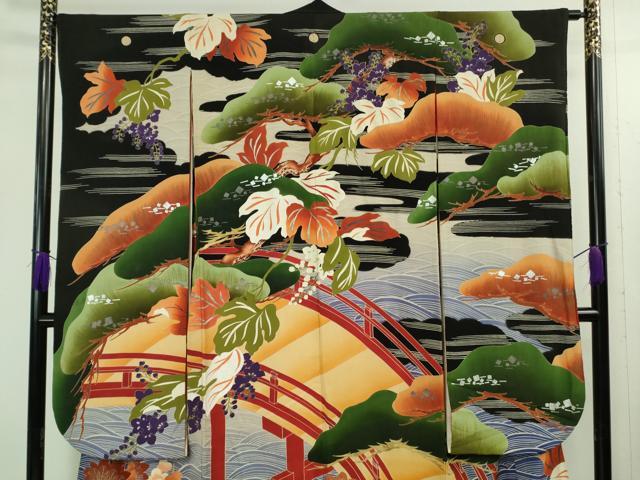 平和屋本店■極上　アンティーク　大正ロマン　振袖　渡橋立波松文　暈し染め　黒地　金銀彩　逸品　DZAB1616kh5 平和屋本店□極上 アンティーク 大正ロマン 振袖 渡橋立波松文 暈し