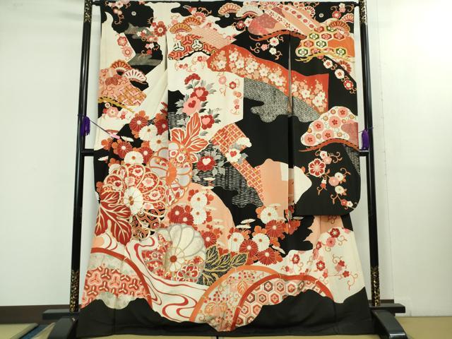 平和屋着物■極上　アンティーク　大正ロマン　振袖　駒刺繍　吉祥花文　黒地　金銀彩　逸品　DZAB1617kh5