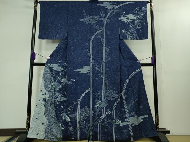 平和屋着物■極上　藍造り国選定無形文化財　藍師・佐藤昭人　藍香房　訪問着　地紙橘花文　逸品　DZAB1625kh5