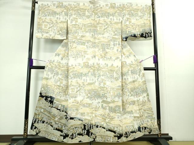 平和屋本店■極上　中国三大刺繍 スワトウ刺繍 汕頭刺繍 総刺繍　訪問着　城下町人物風景　暈し染め　金糸　鬼しぼ縮緬　逸品　DZAB1676kh5