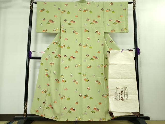 平和屋本店●極上　銀座　志ま亀　小紋　平安人物　鬼しぼ縮緬　裏葉柳色地　たとう紙付き　逸品　DZAB1908kh6