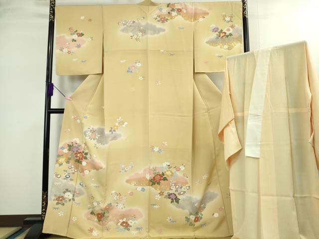 平和屋本店●極上 創業460年・千總　訪問着・長襦袢(無双仕立て)セット 駒刺繍 吉祥花文 丁子色地 暈し染め 金彩 逸品 未使用　DZAB1987kh6
