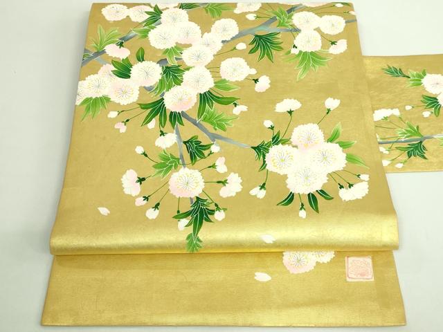 平和屋本店●極上　銀座新松　塩瀬　九寸名古屋帯　手描き　枝桜　本金箔　逸品　DZAB2019kh6