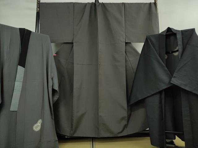 平和屋本店■極上 男性 お召 アンサンブル キングサイズ 長襦袢(袷)・長羽織セット 格子地紋 着物：藍墨茶色 羽織：藍鉄色 逸品　DZAB2193kh6