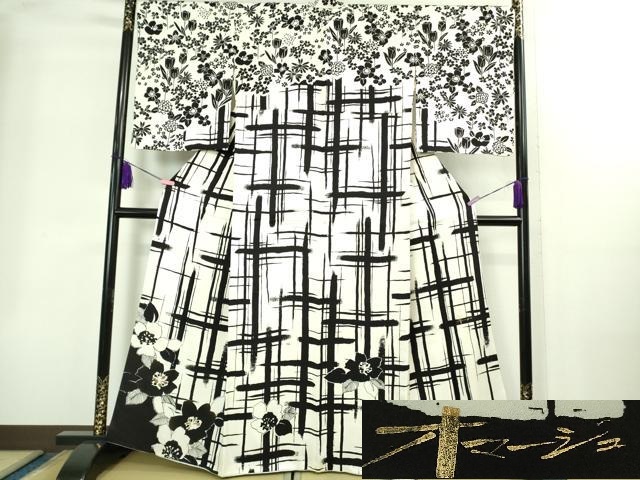 平和屋本店●極上　訪問着　オマージュ　草花文　白×黒　金彩　逸品　DZAB2205kh6